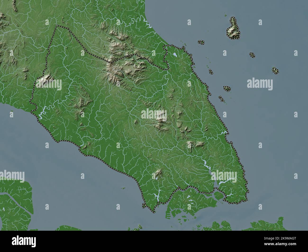 Johor, state of Malaysia. Elevation map colored in wiki style with lakes and rivers Stock Photo ...