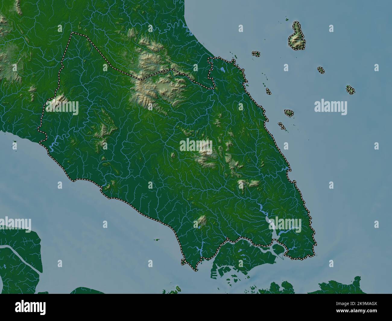 Johor, state of Malaysia. Colored elevation map with lakes and rivers ...