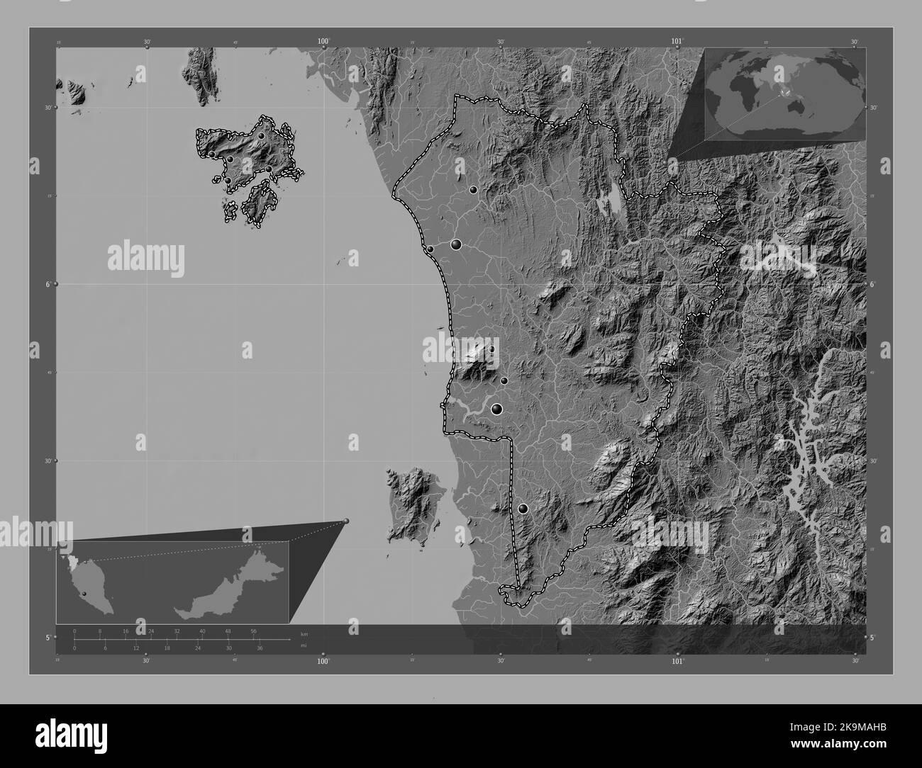 Kedah, state of Malaysia. Bilevel elevation map with lakes and rivers ...