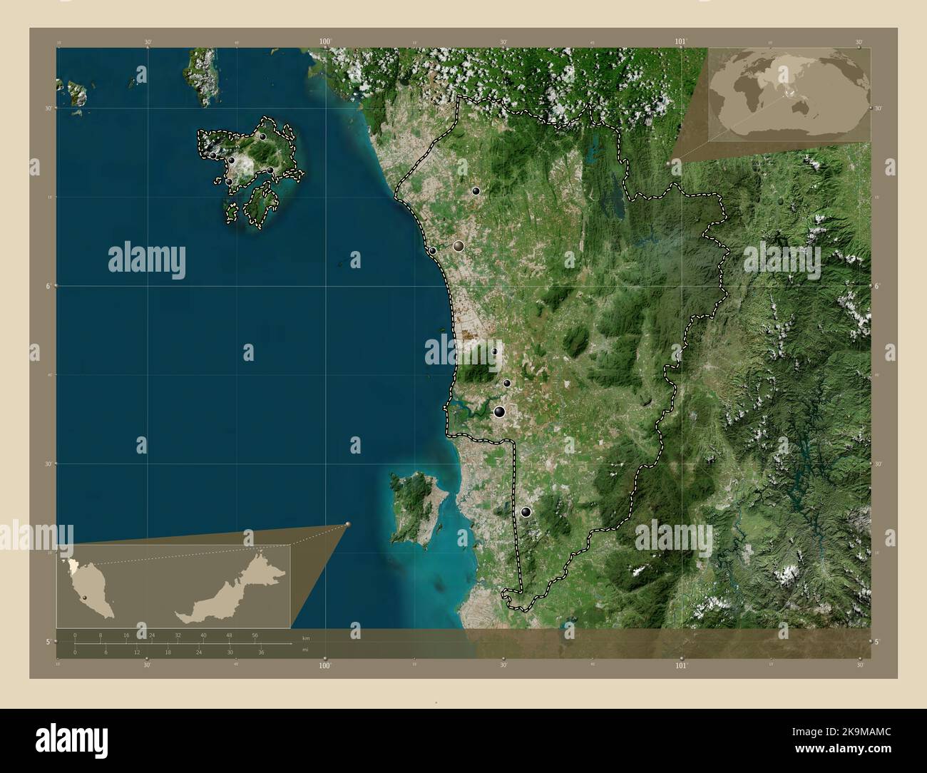 Kedah, state of Malaysia. High resolution satellite map. Locations of ...