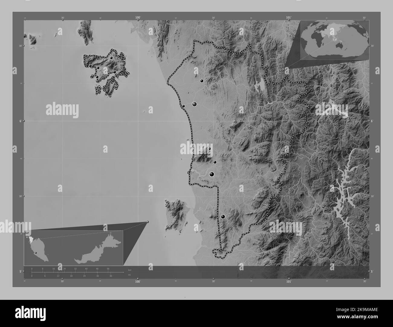 Kedah, state of Malaysia. Grayscale elevation map with lakes and rivers ...