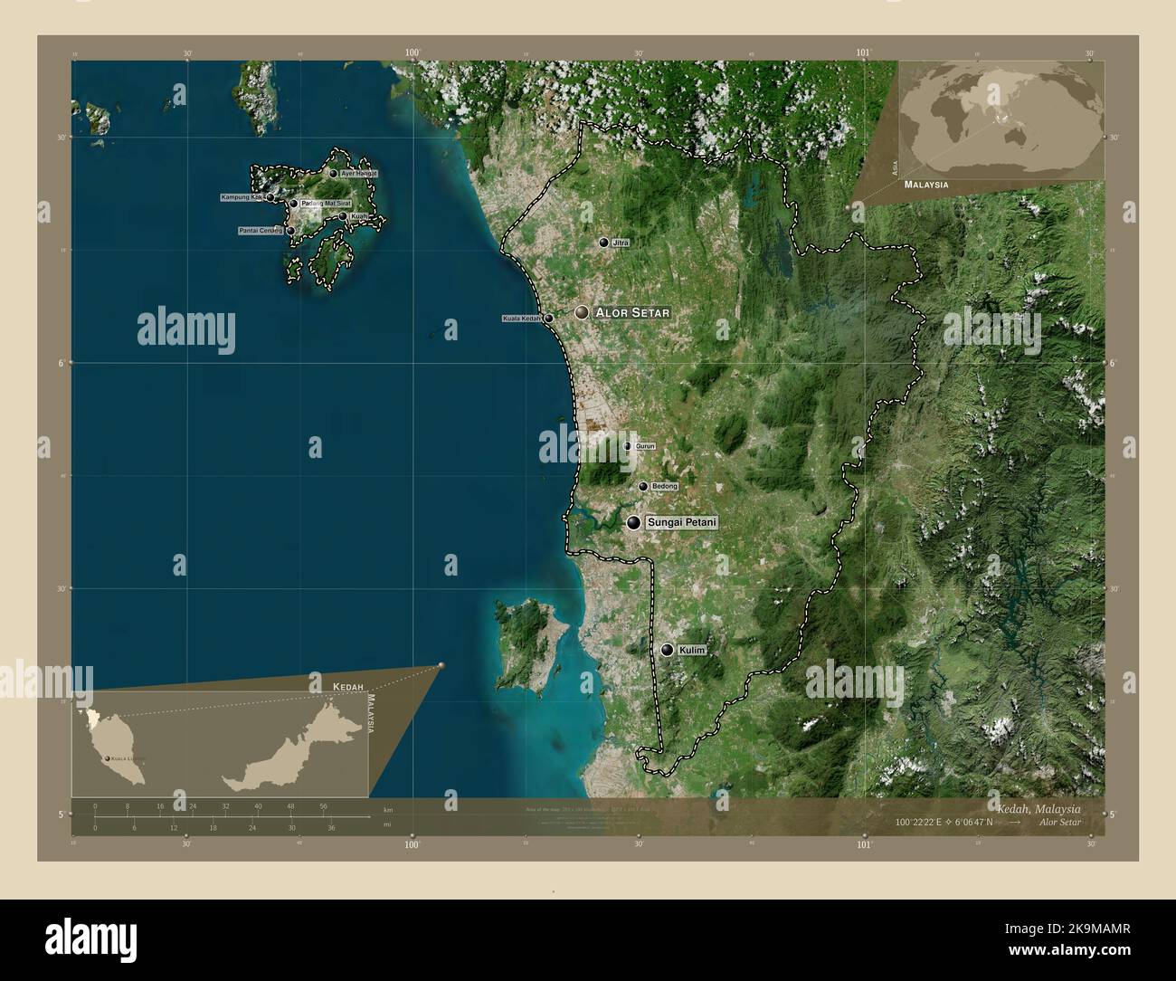 Kedah, state of Malaysia. High resolution satellite map. Locations and ...