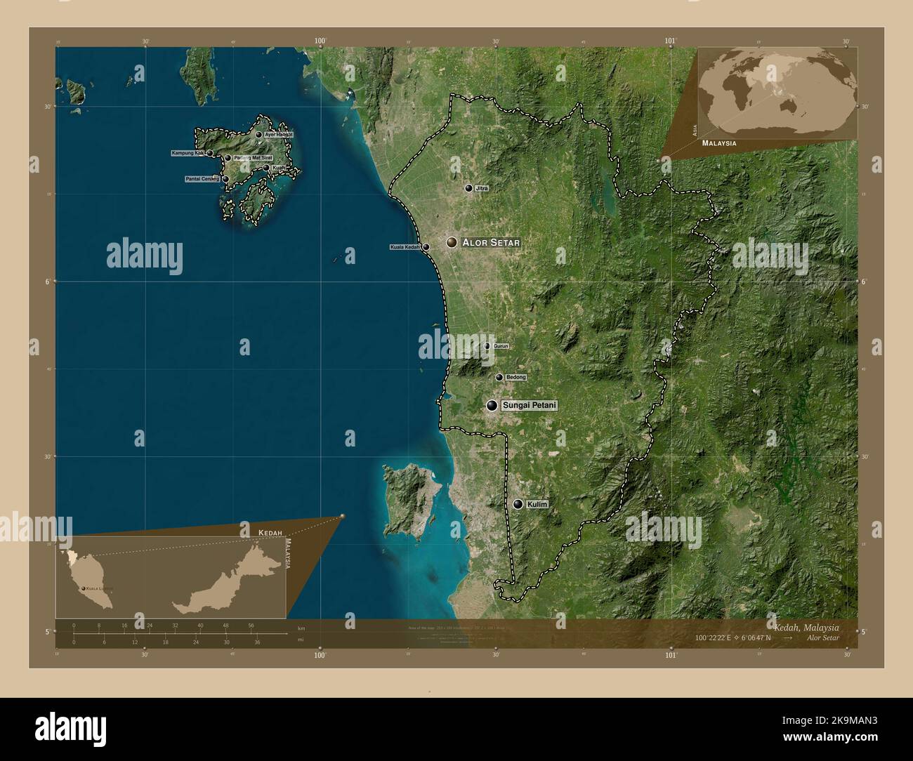 Kedah, state of Malaysia. Low resolution satellite map. Locations and ...