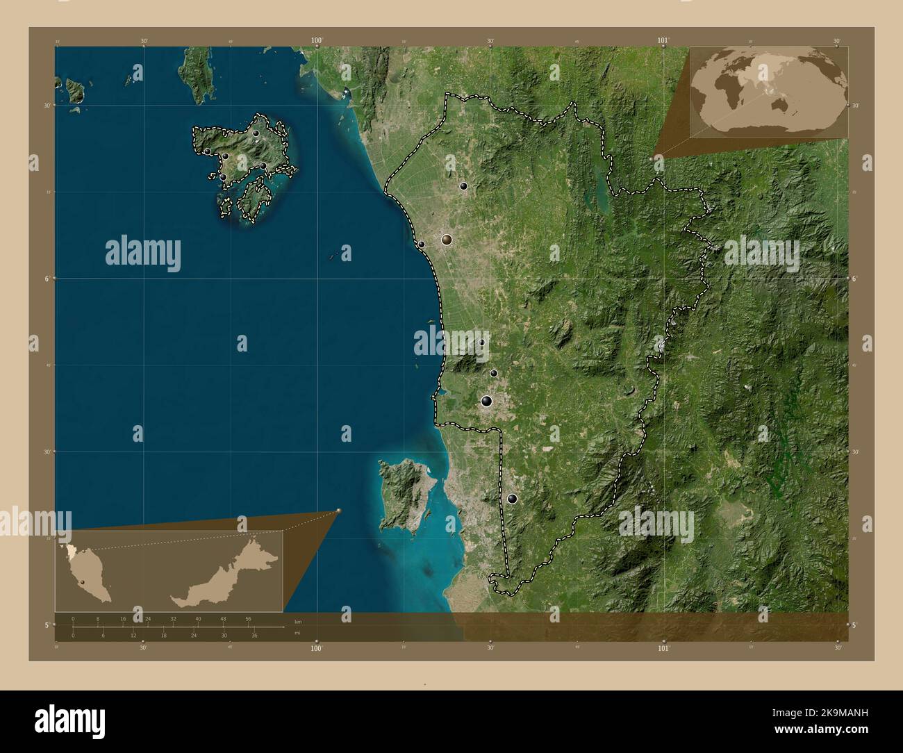 Kedah, state of Malaysia. Low resolution satellite map. Locations of ...
