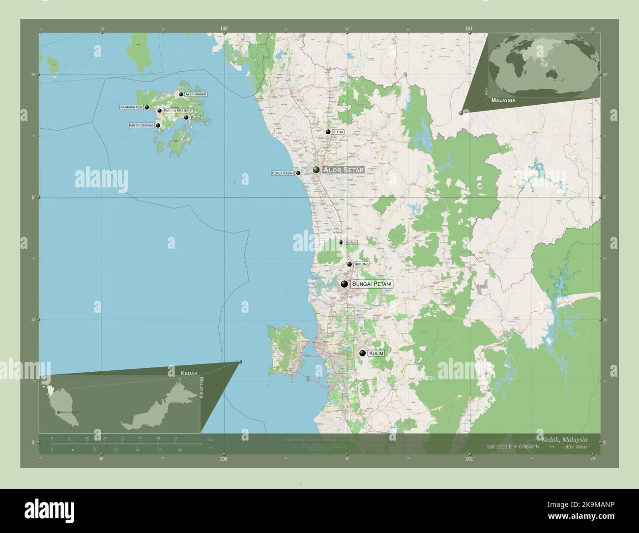 Kedah, state of Malaysia. Open Street Map. Locations and names of major ...