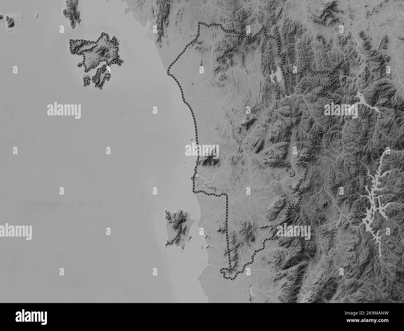 Kedah, state of Malaysia. Grayscale elevation map with lakes and rivers ...