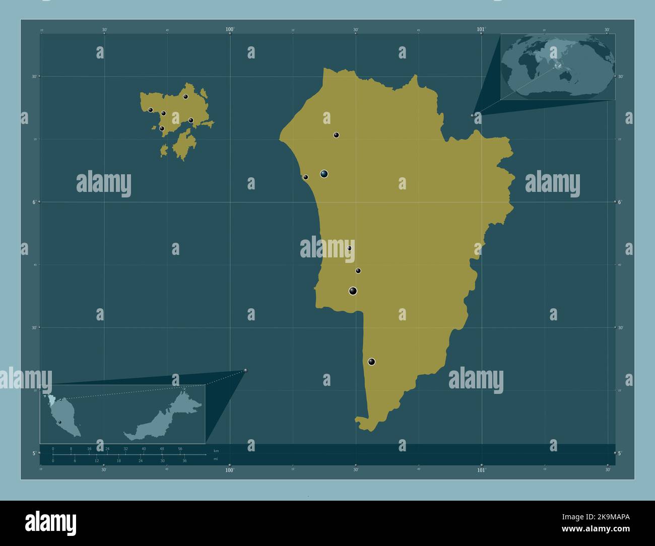Kedah, state of Malaysia. Solid color shape. Locations of major cities ...