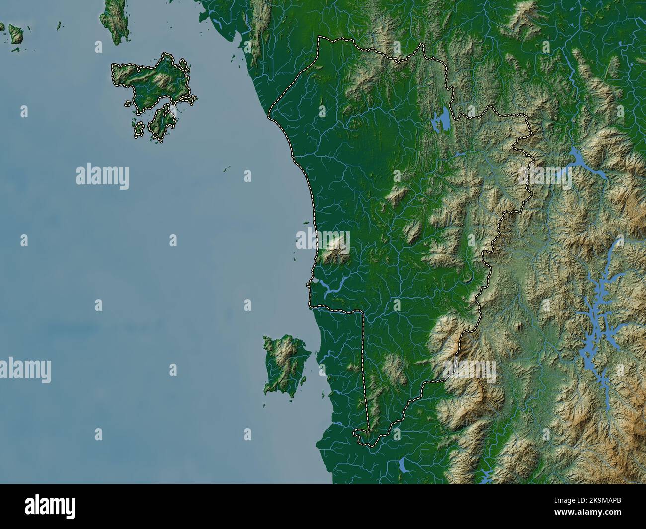Kedah, state of Malaysia. Colored elevation map with lakes and rivers ...