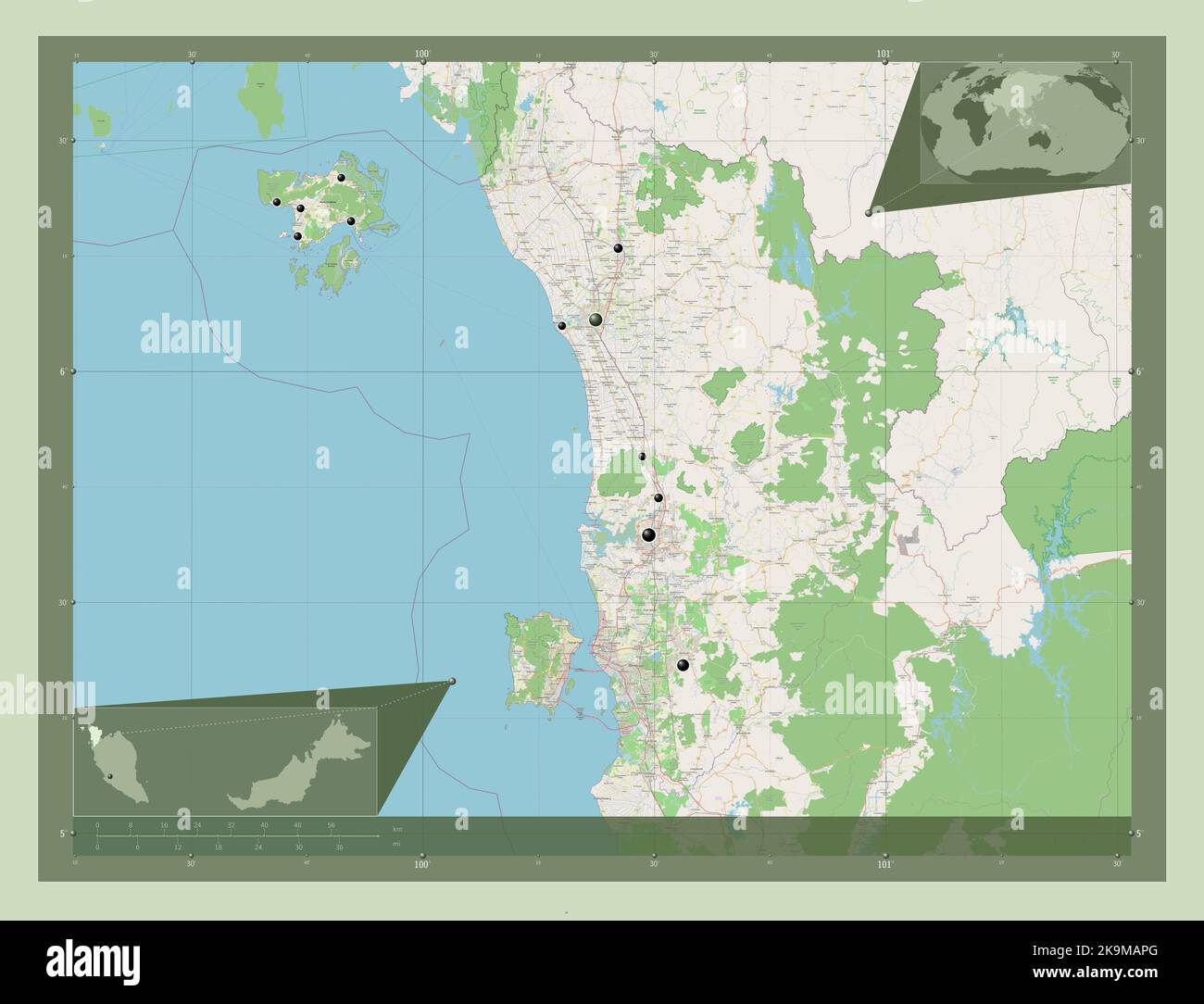 Kedah, state of Malaysia. Open Street Map. Locations of major cities of ...