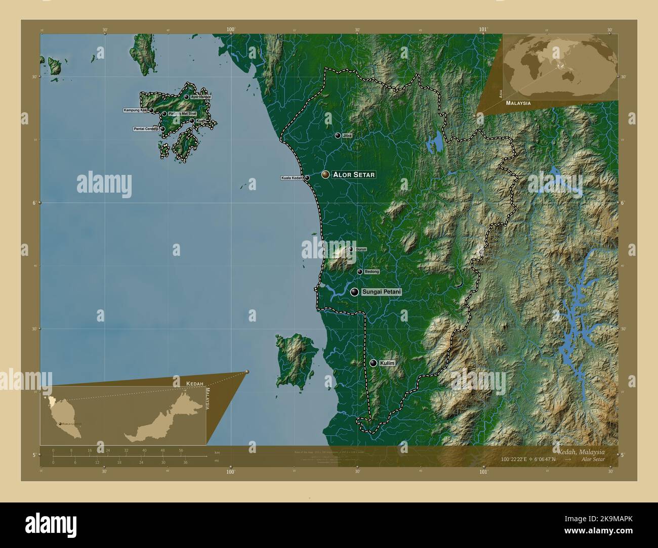 Kedah, state of Malaysia. Colored elevation map with lakes and rivers ...