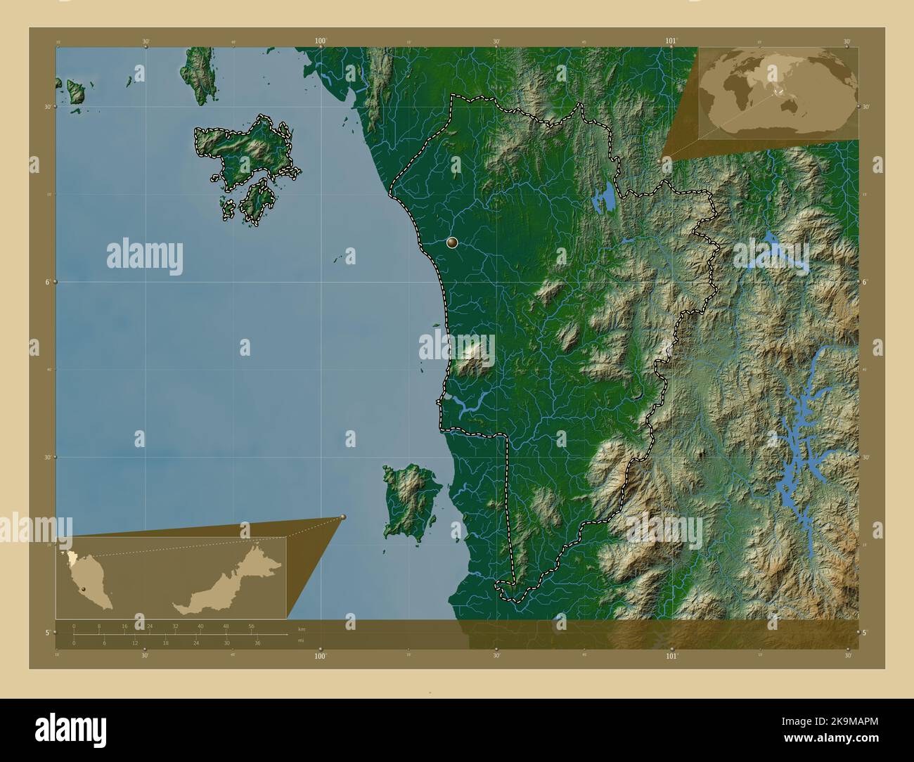 Kedah, state of Malaysia. Colored elevation map with lakes and rivers ...