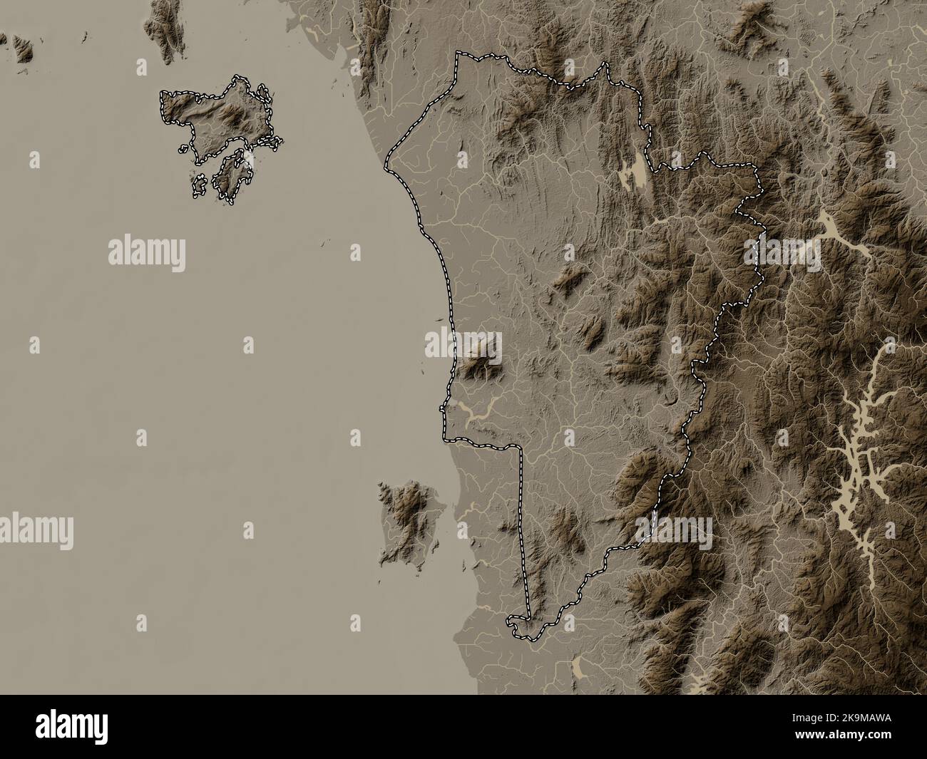 Kedah, state of Malaysia. Elevation map colored in sepia tones with ...