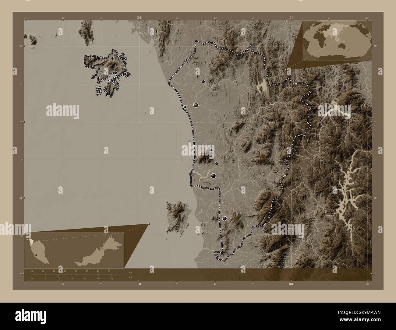 Kedah, state of Malaysia. Elevation map colored in sepia tones with ...