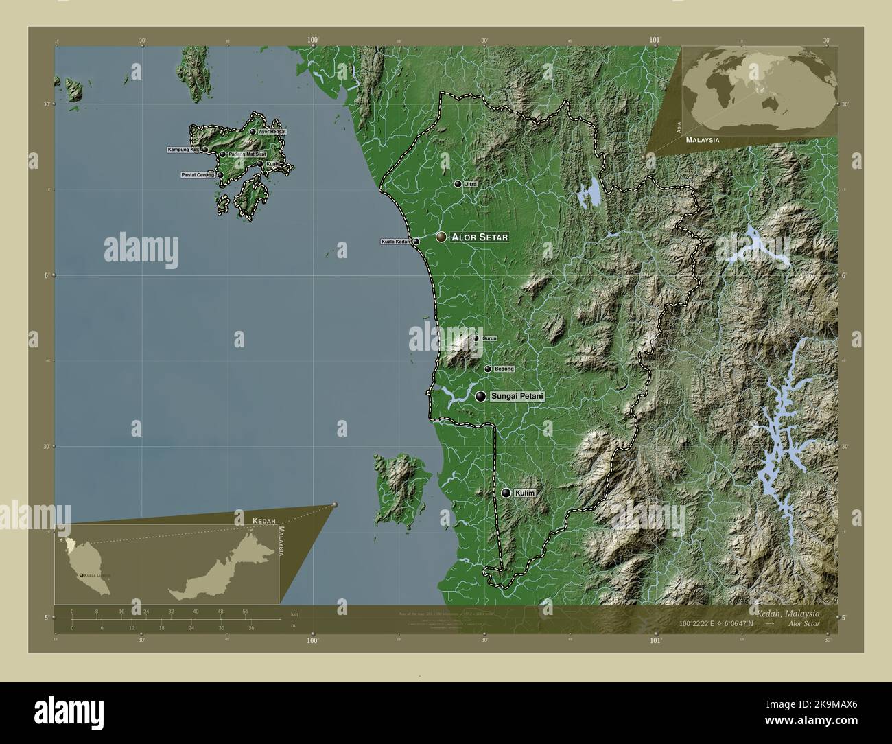 Kedah, state of Malaysia. Elevation map colored in wiki style with lakes and rivers. Locations ...