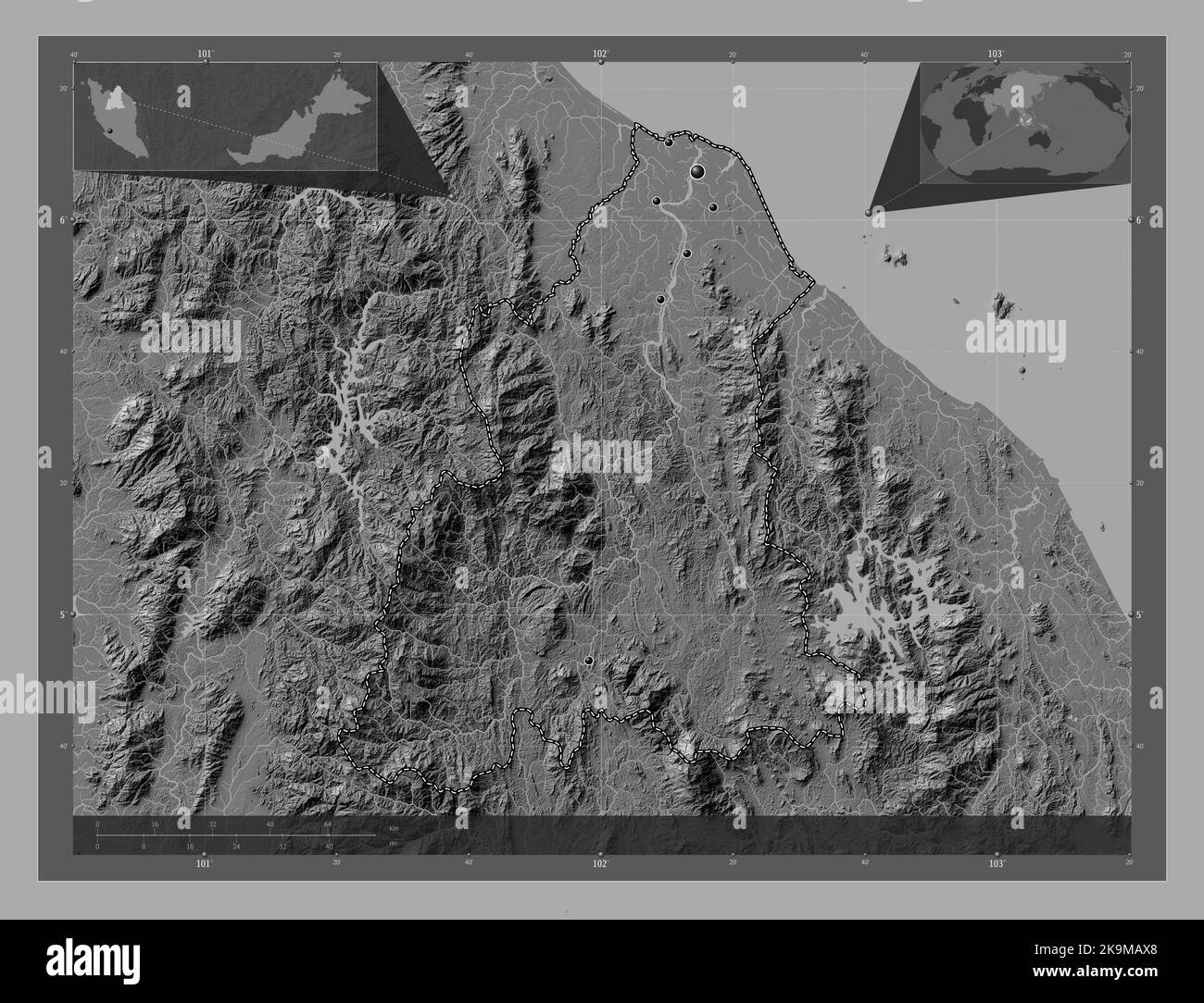 Kelantan, state of Malaysia. Bilevel elevation map with lakes and ...
