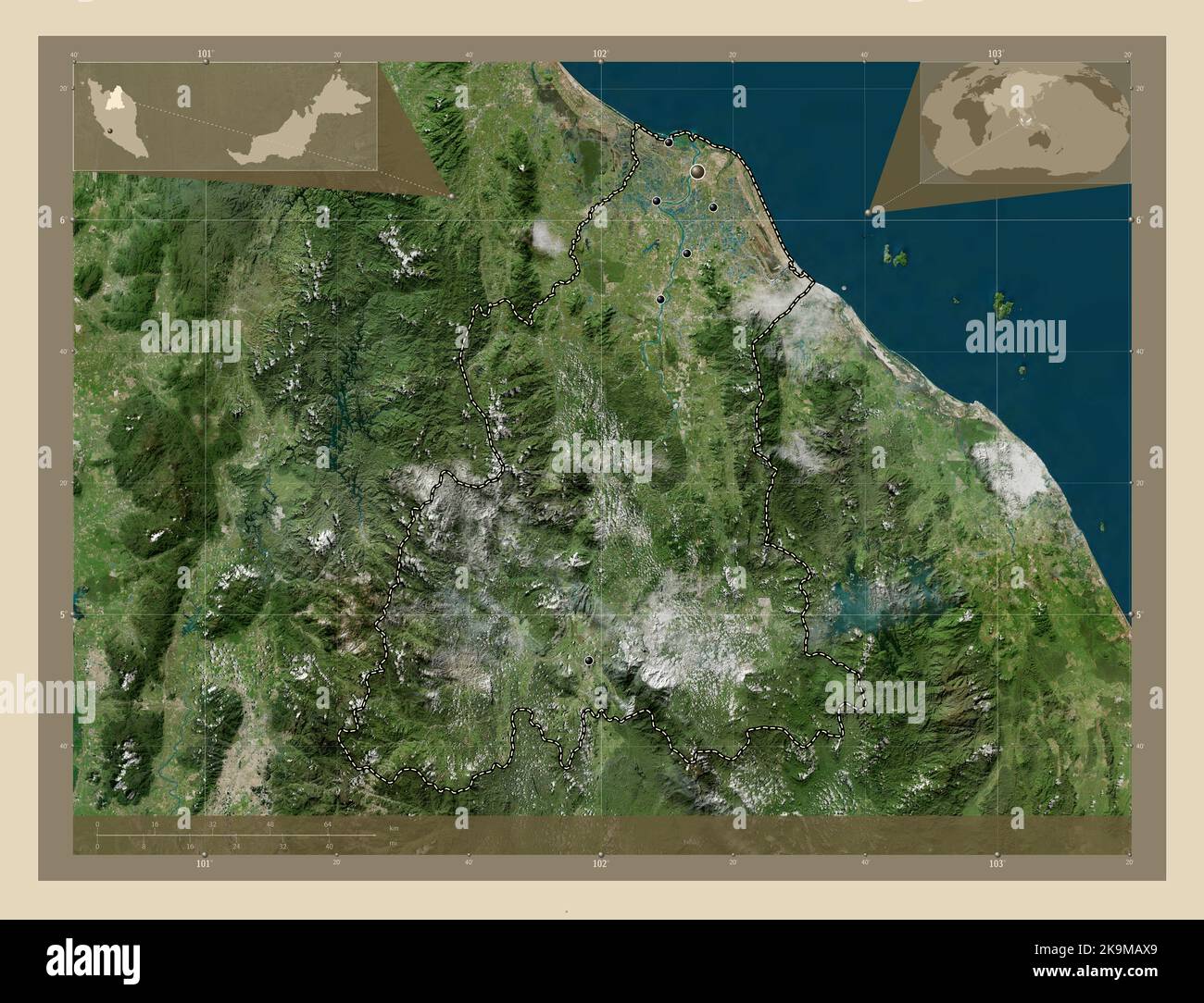 Kelantan, state of Malaysia. High resolution satellite map. Locations ...