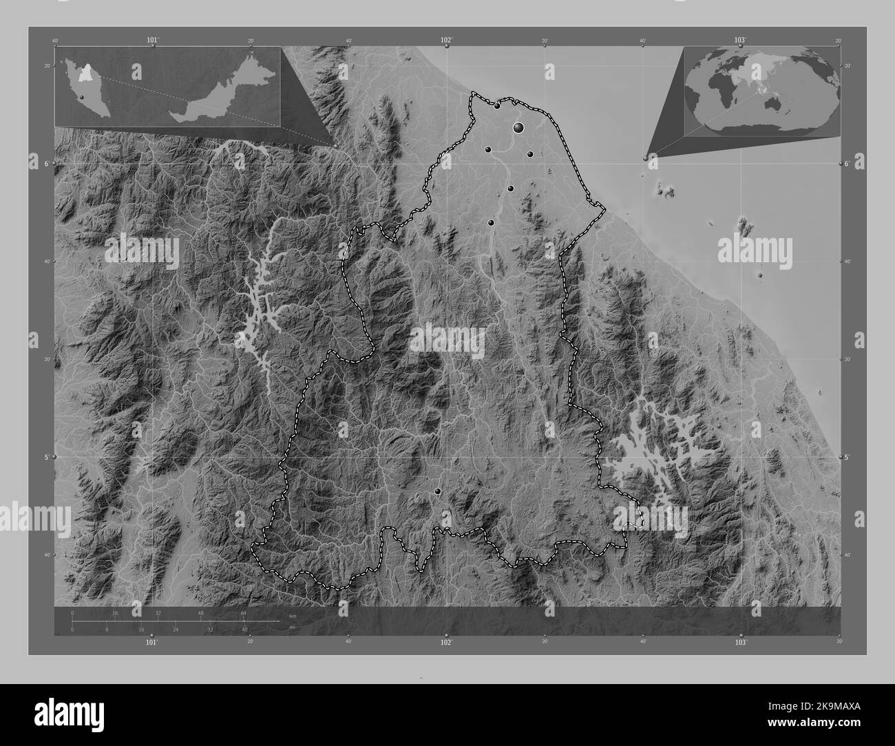Kelantan, state of Malaysia. Grayscale elevation map with lakes and ...