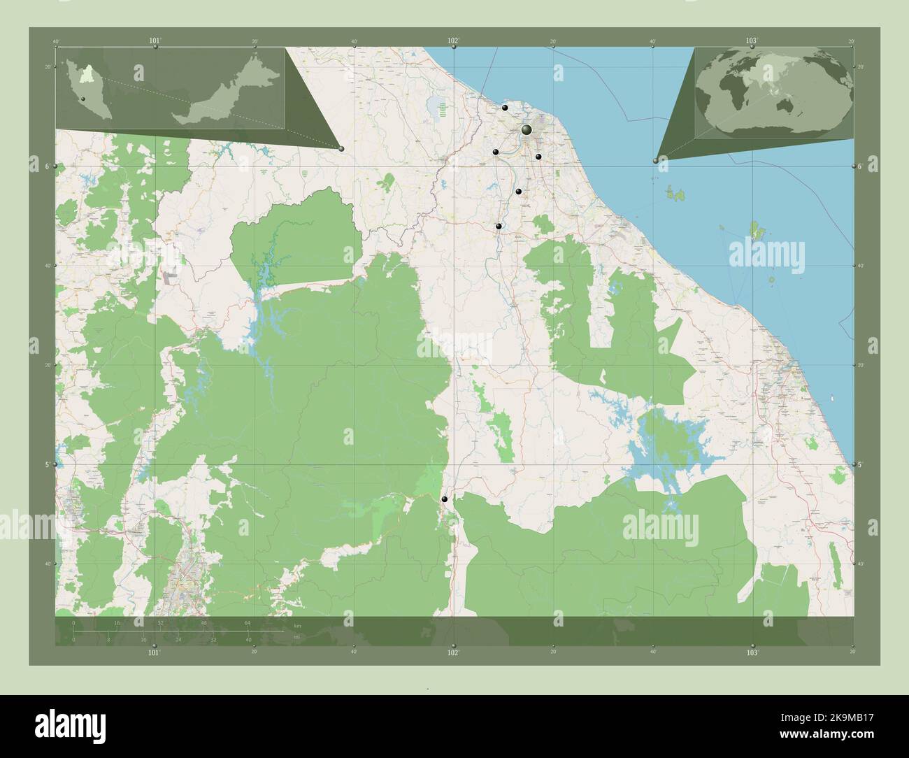 Kelantan, state of Malaysia. Open Street Map. Locations of major cities ...