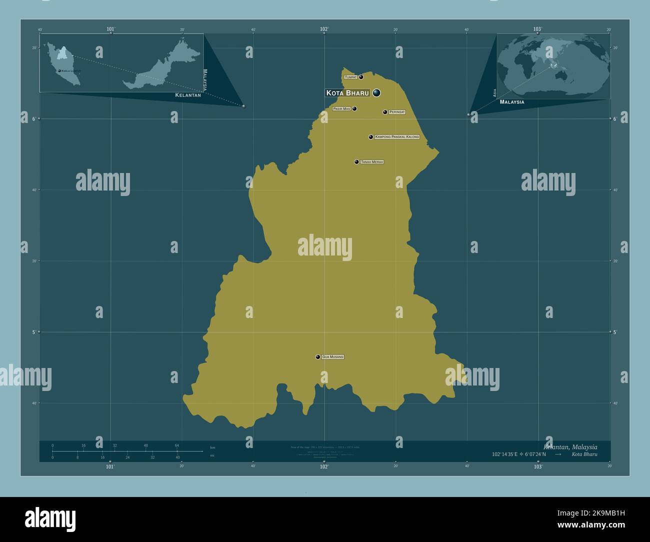 Kelantan, state of Malaysia. Solid color shape. Locations and names of ...