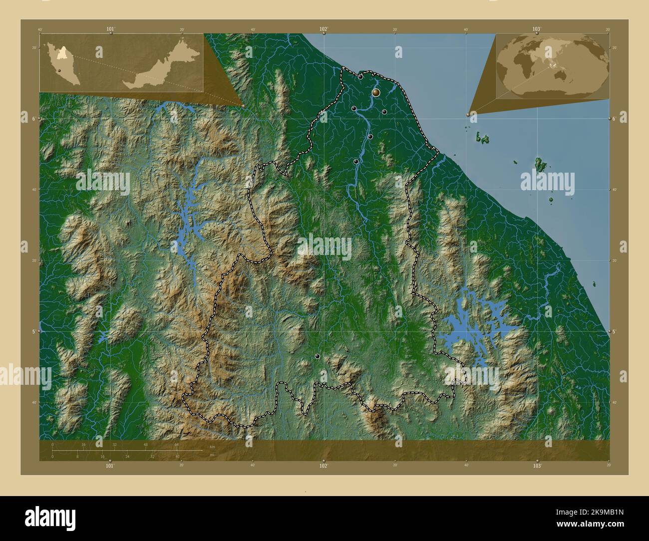 Kelantan, state of Malaysia. Colored elevation map with lakes and ...