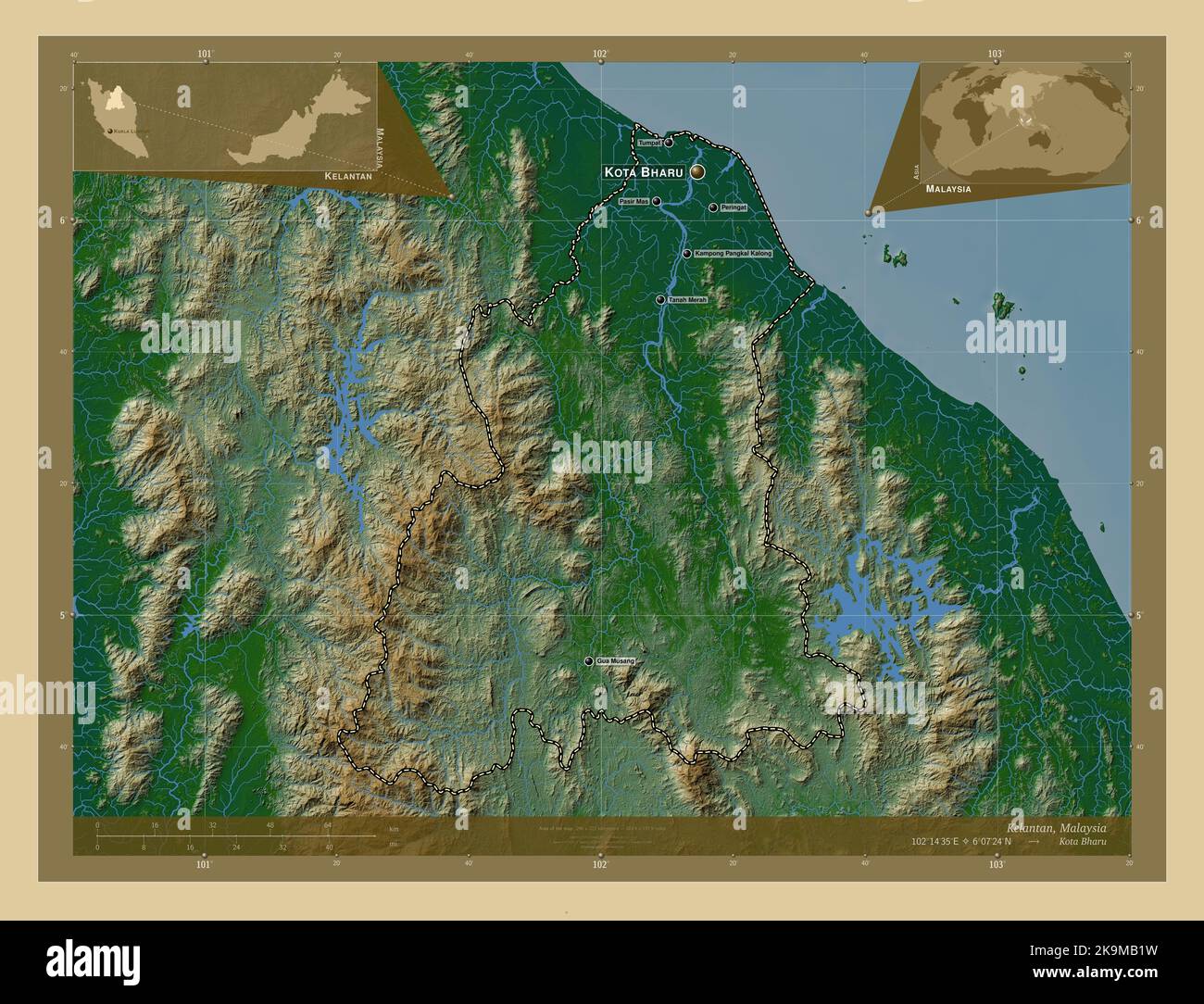 Kelantan, state of Malaysia. Colored elevation map with lakes and ...