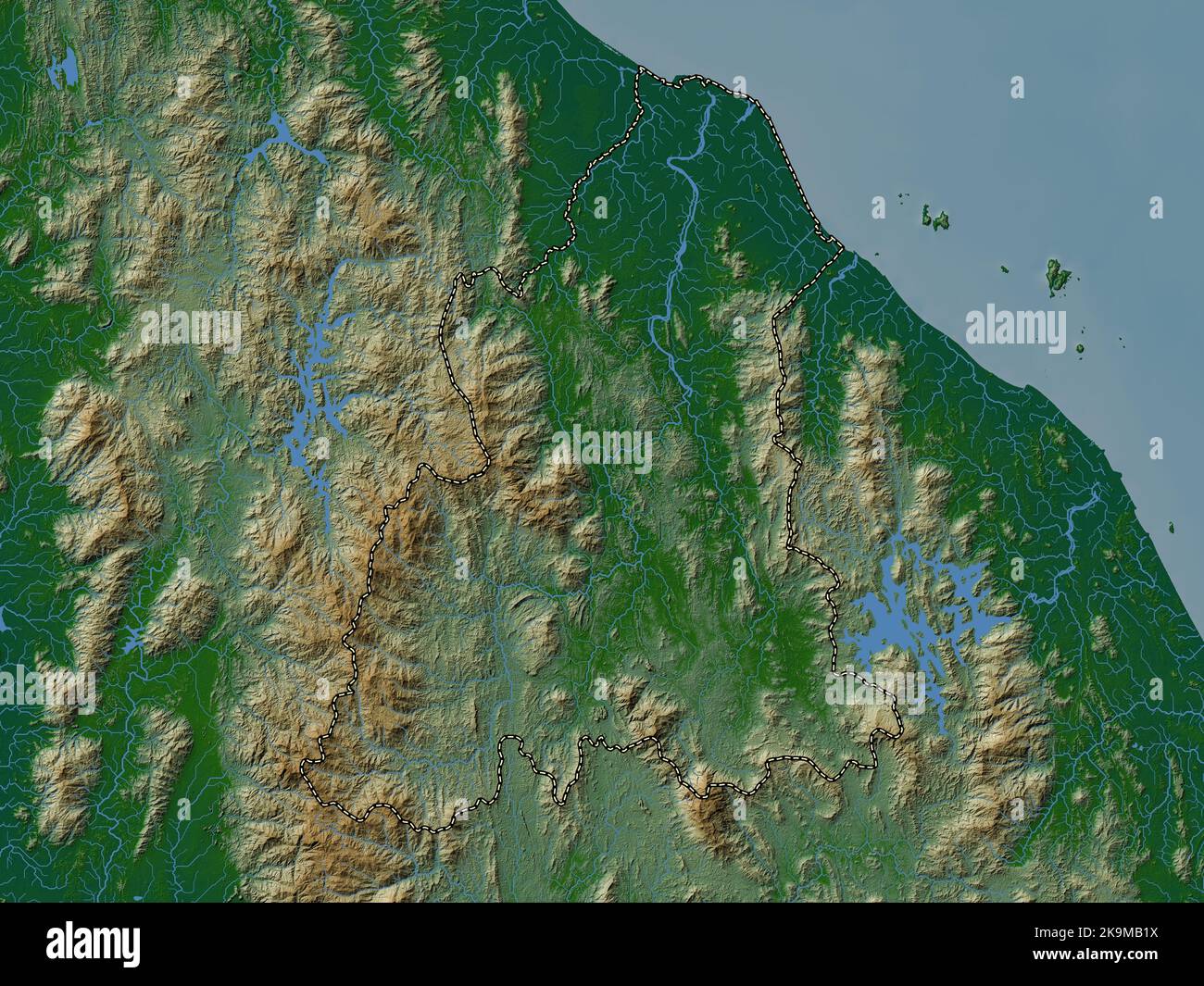 Kelantan, state of Malaysia. Colored elevation map with lakes and ...