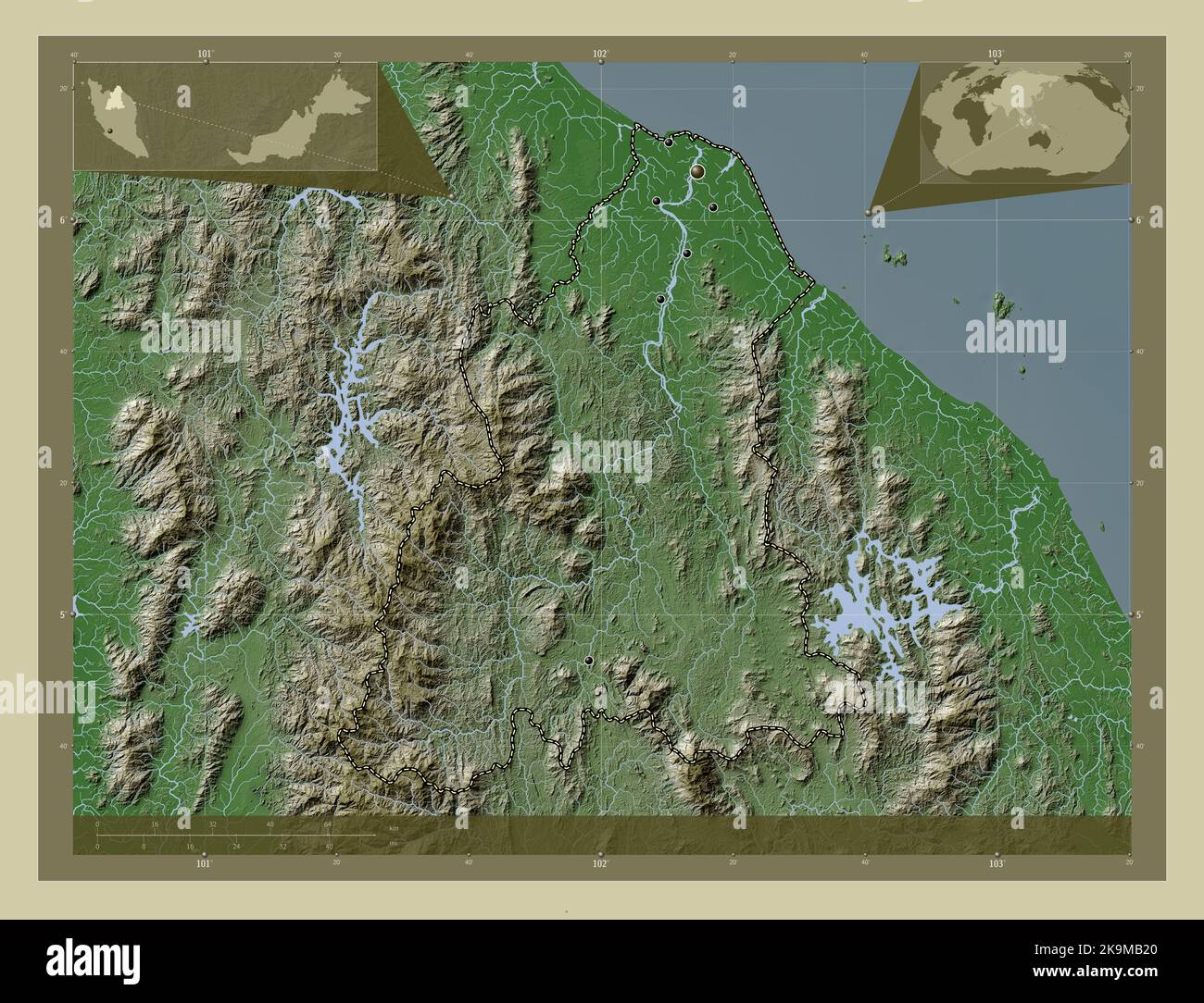 Kelantan, state of Malaysia. Elevation map colored in wiki style with lakes and rivers ...