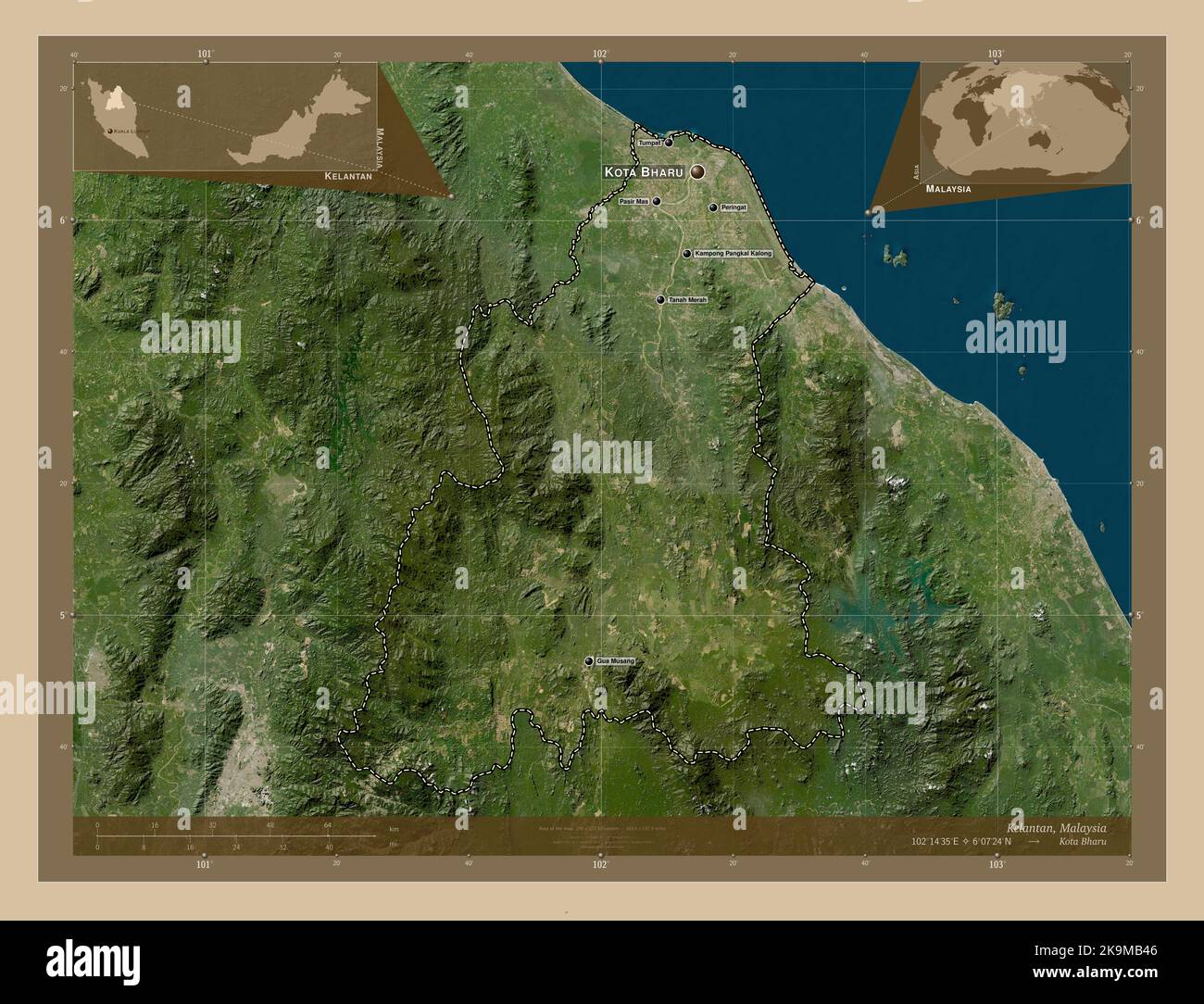 Kelantan, state of Malaysia. Low resolution satellite map. Locations ...