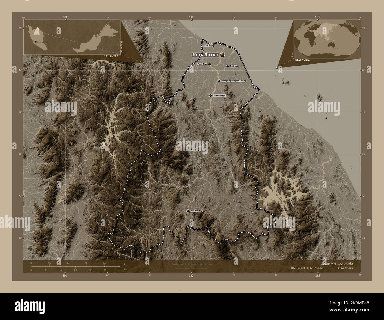 Kelantan, state of Malaysia. Elevation map colored in sepia tones with ...
