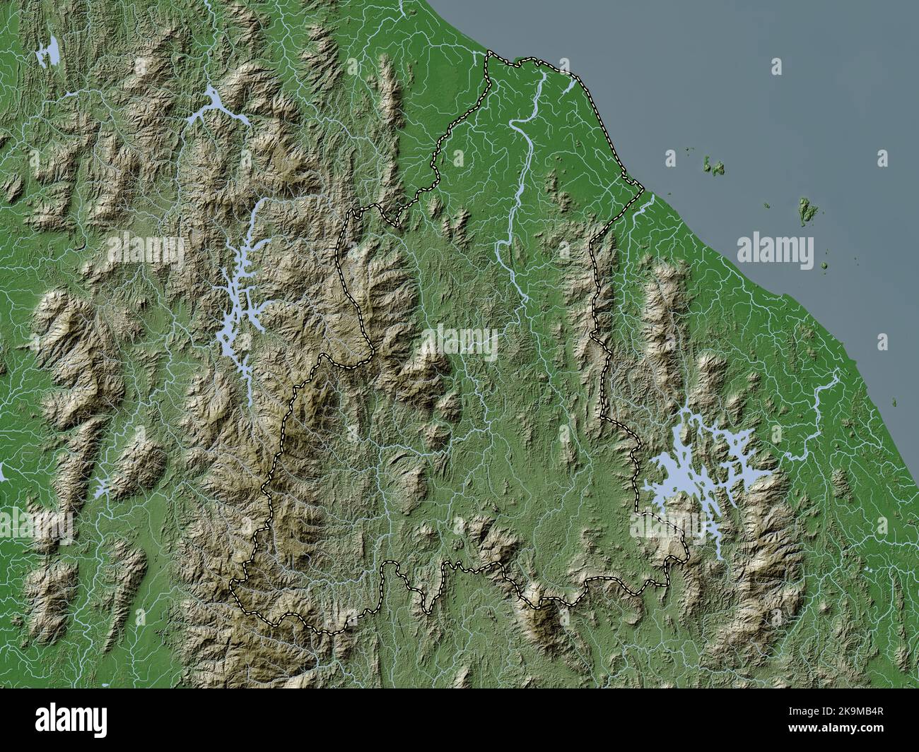 Kelantan, state of Malaysia. Elevation map colored in wiki style with lakes and rivers Stock ...