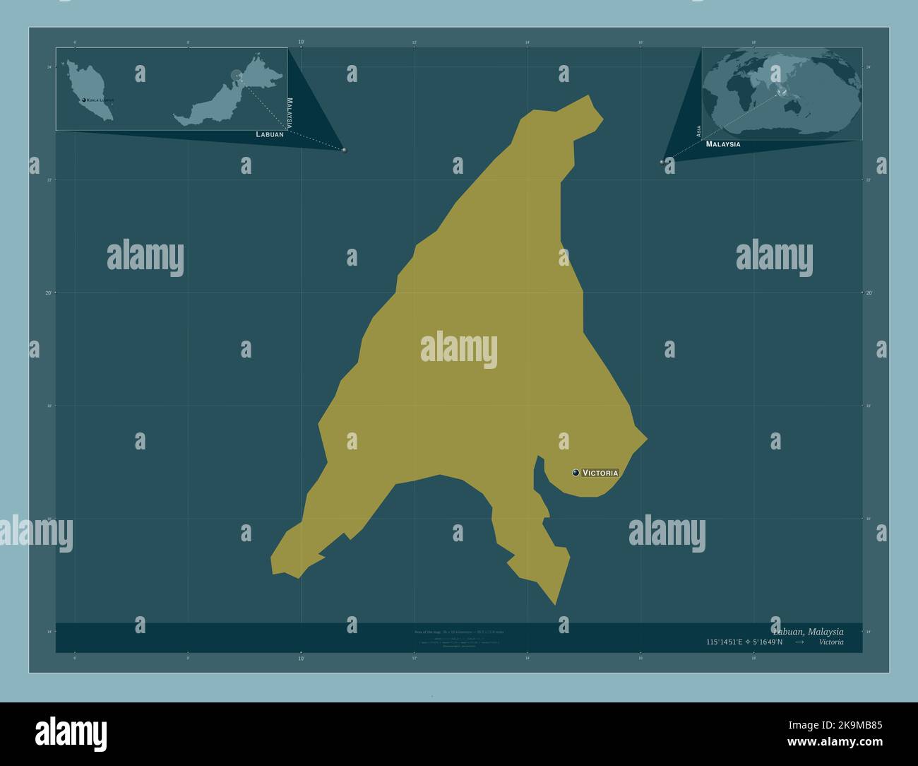 Labuan, federal territory of Malaysia. Solid color shape. Locations and ...