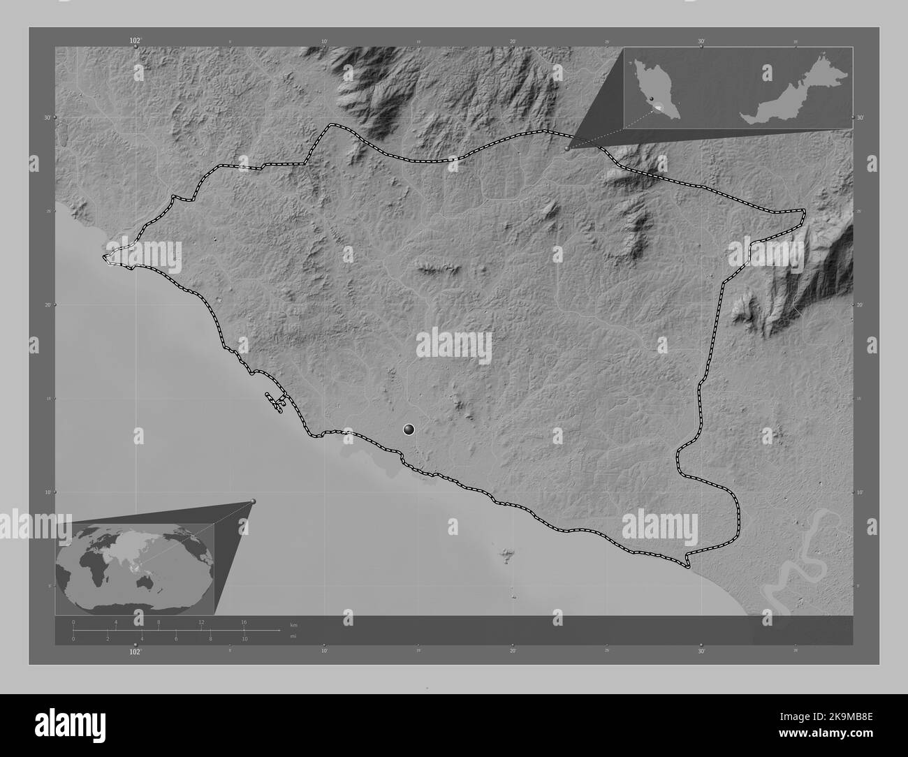 Melaka, state of Malaysia. Grayscale elevation map with lakes and ...