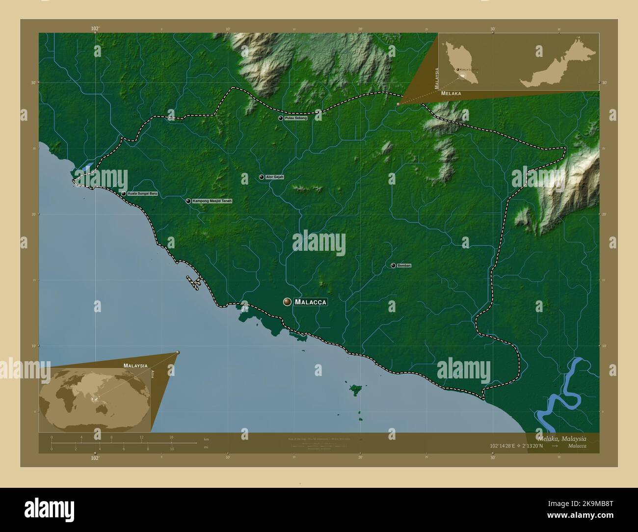Melaka, state of Malaysia. Colored elevation map with lakes and rivers ...