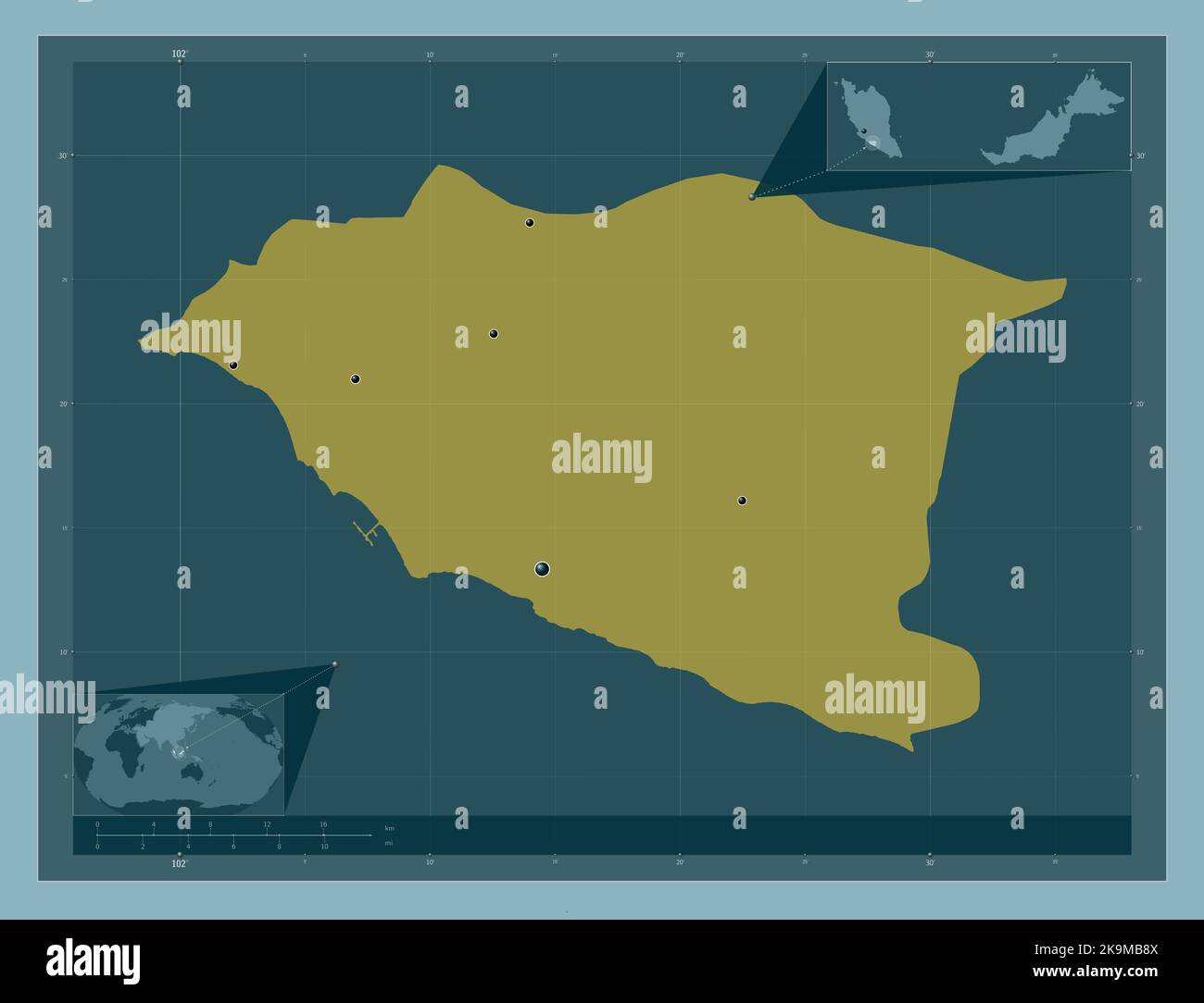 Melaka, state of Malaysia. Solid color shape. Locations of major cities ...