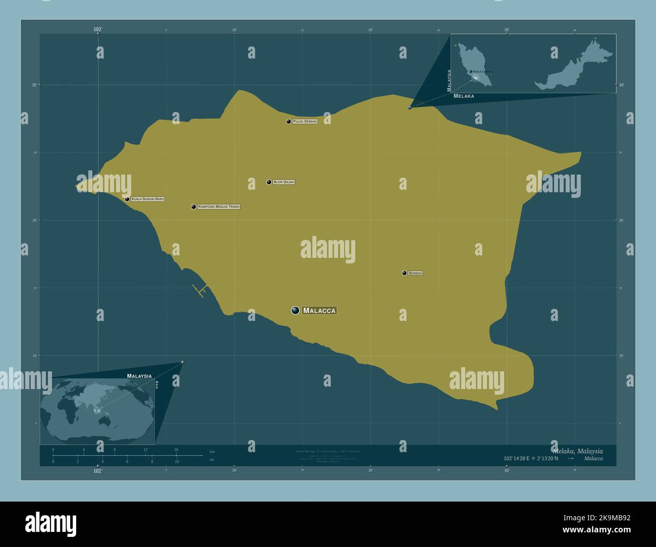 Melaka, state of Malaysia. Solid color shape. Locations and names of ...
