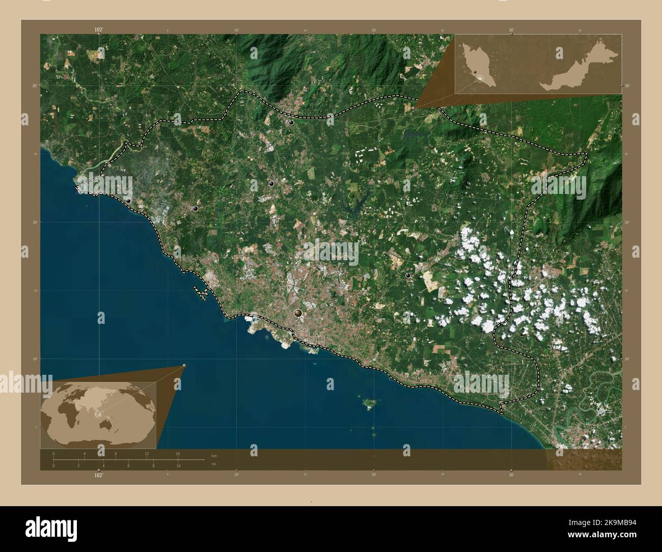 Melaka, state of Malaysia. Low resolution satellite map. Locations of ...