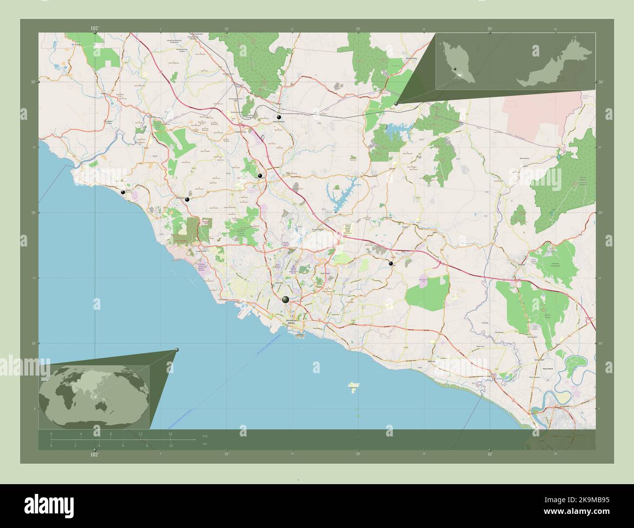 Melaka, state of Malaysia. Open Street Map. Locations of major cities ...
