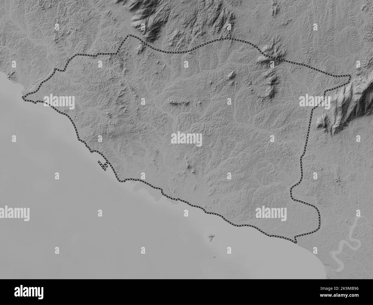 Melaka, state of Malaysia. Grayscale elevation map with lakes and ...