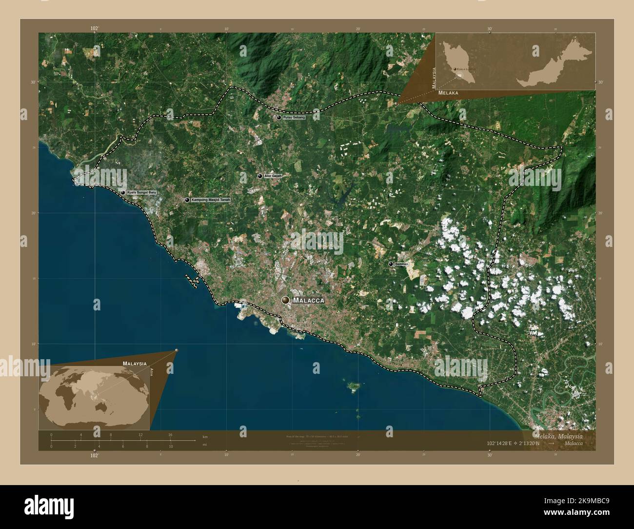 Melaka, state of Malaysia. Low resolution satellite map. Locations and ...