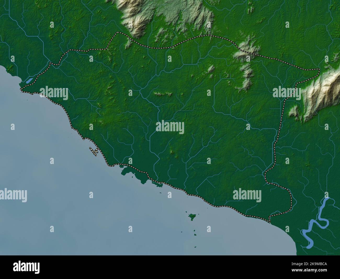 Melaka, state of Malaysia. Colored elevation map with lakes and rivers ...