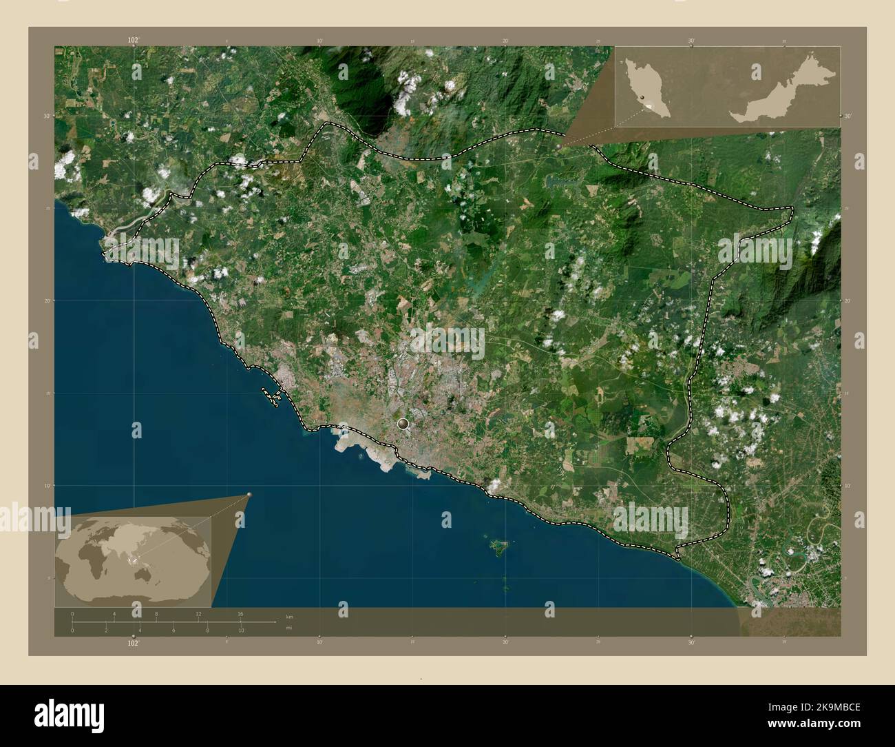 Melaka, state of Malaysia. High resolution satellite map. Corner ...