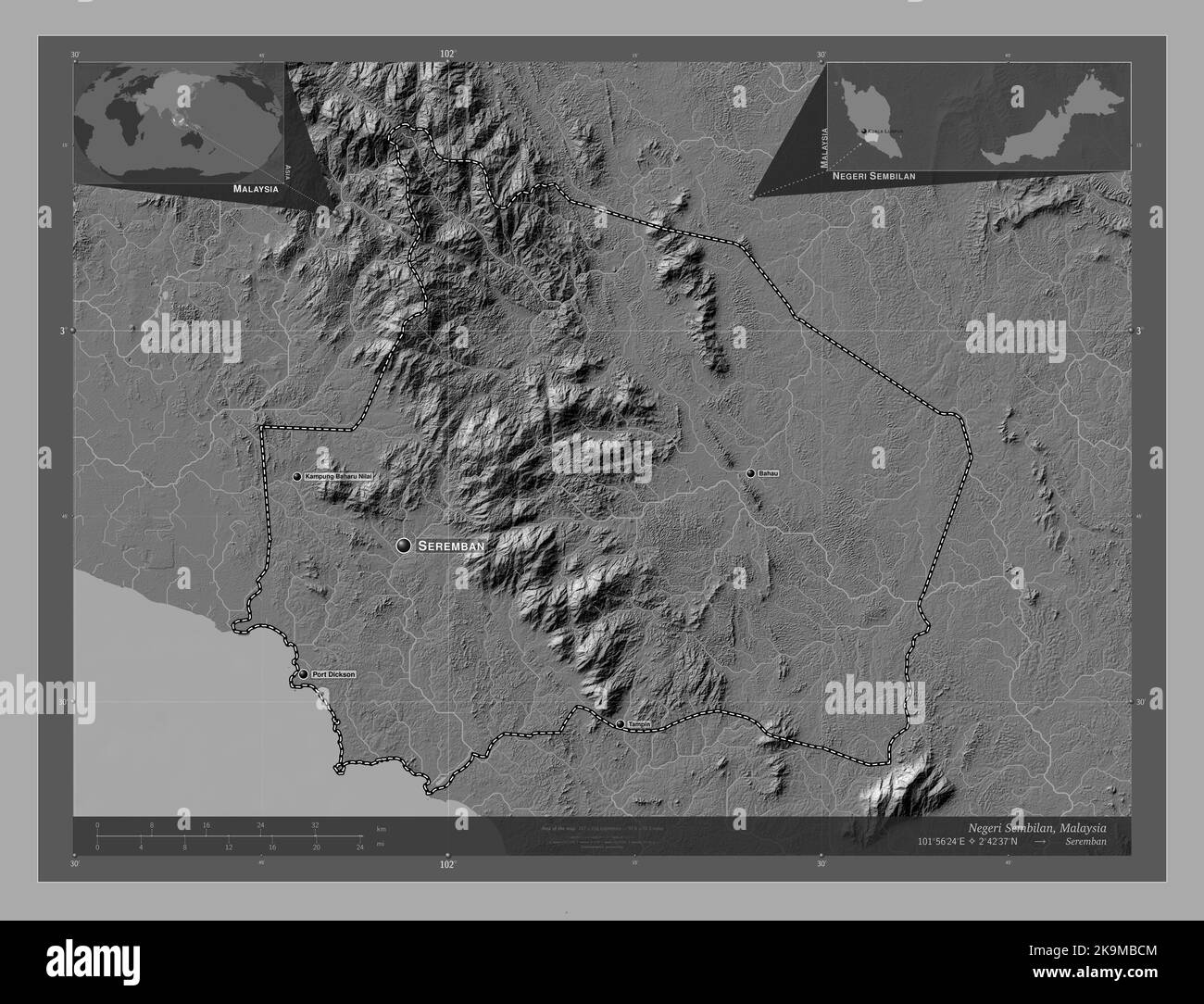 Negeri Sembilan, state of Malaysia. Bilevel elevation map with lakes ...