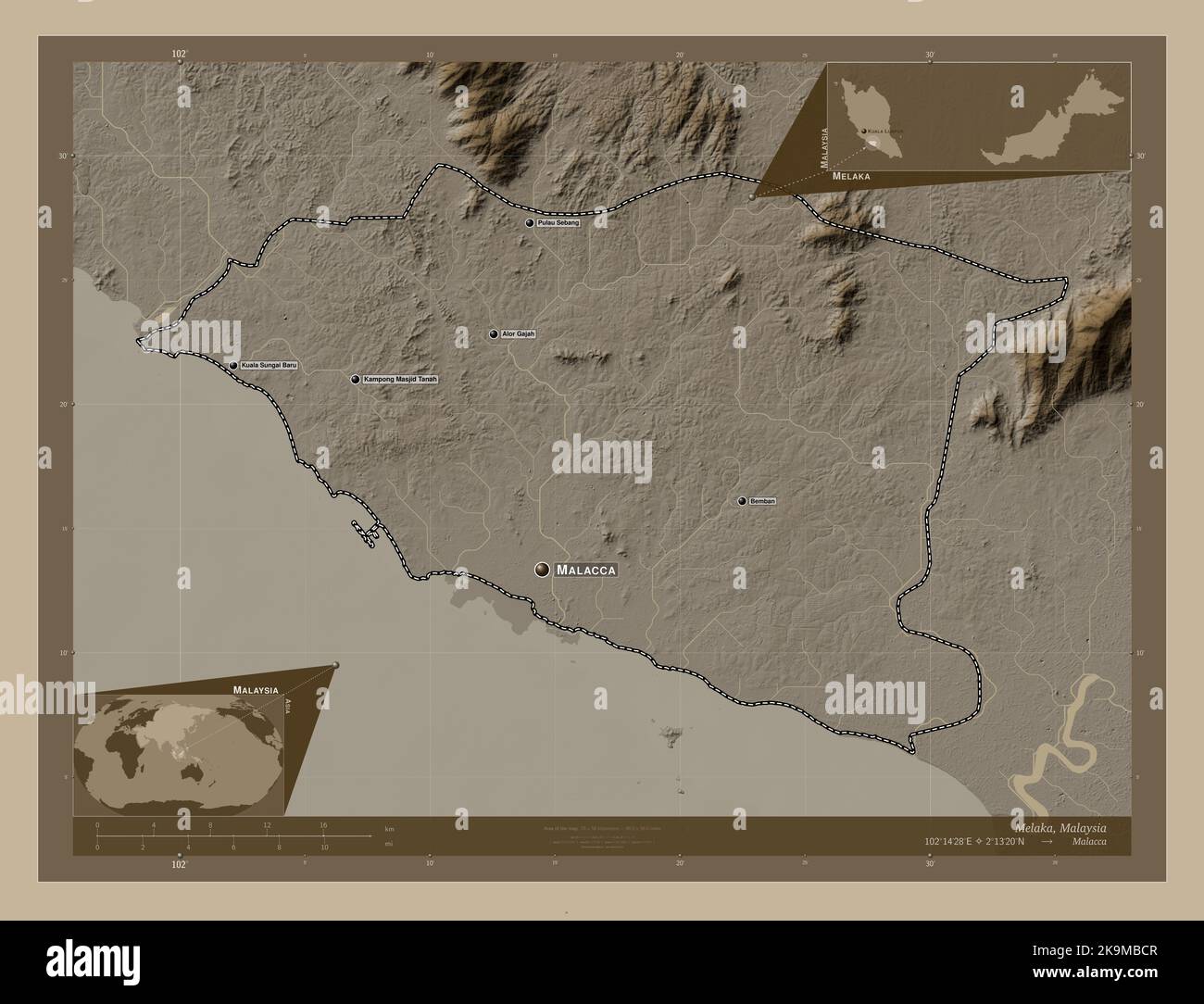 Melaka, state of Malaysia. Elevation map colored in sepia tones with ...