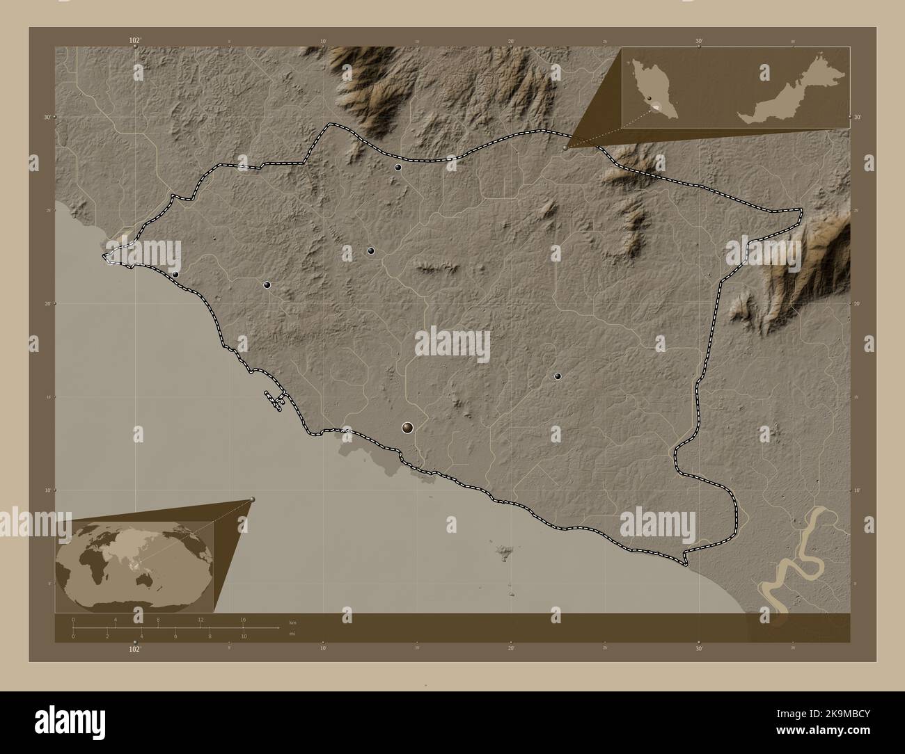 Melaka, state of Malaysia. Elevation map colored in sepia tones with ...