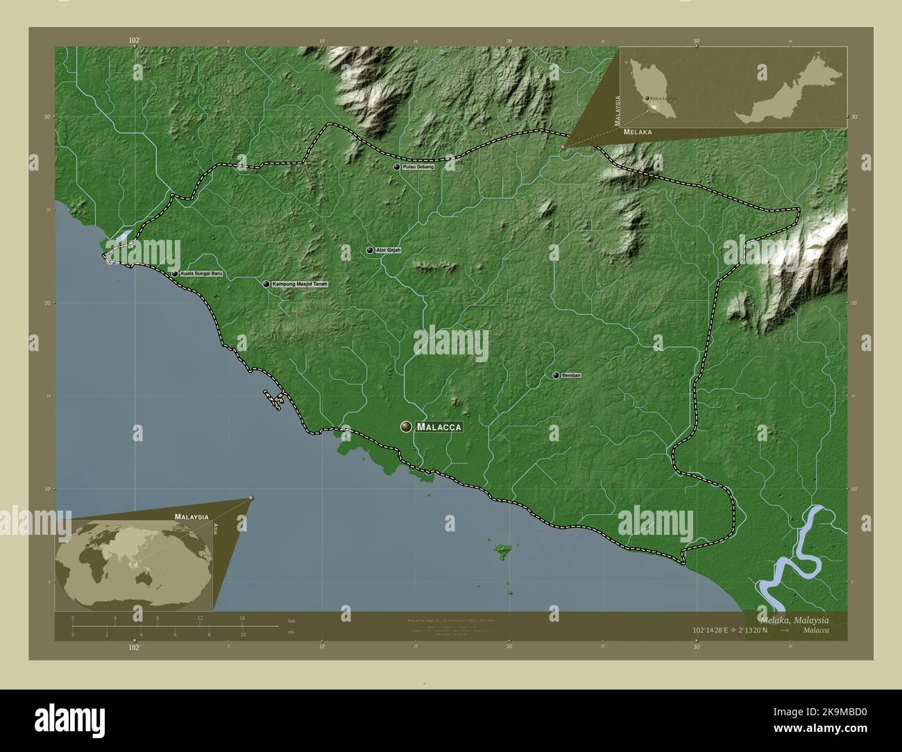 Melaka, state of Malaysia. Elevation map colored in wiki style with ...