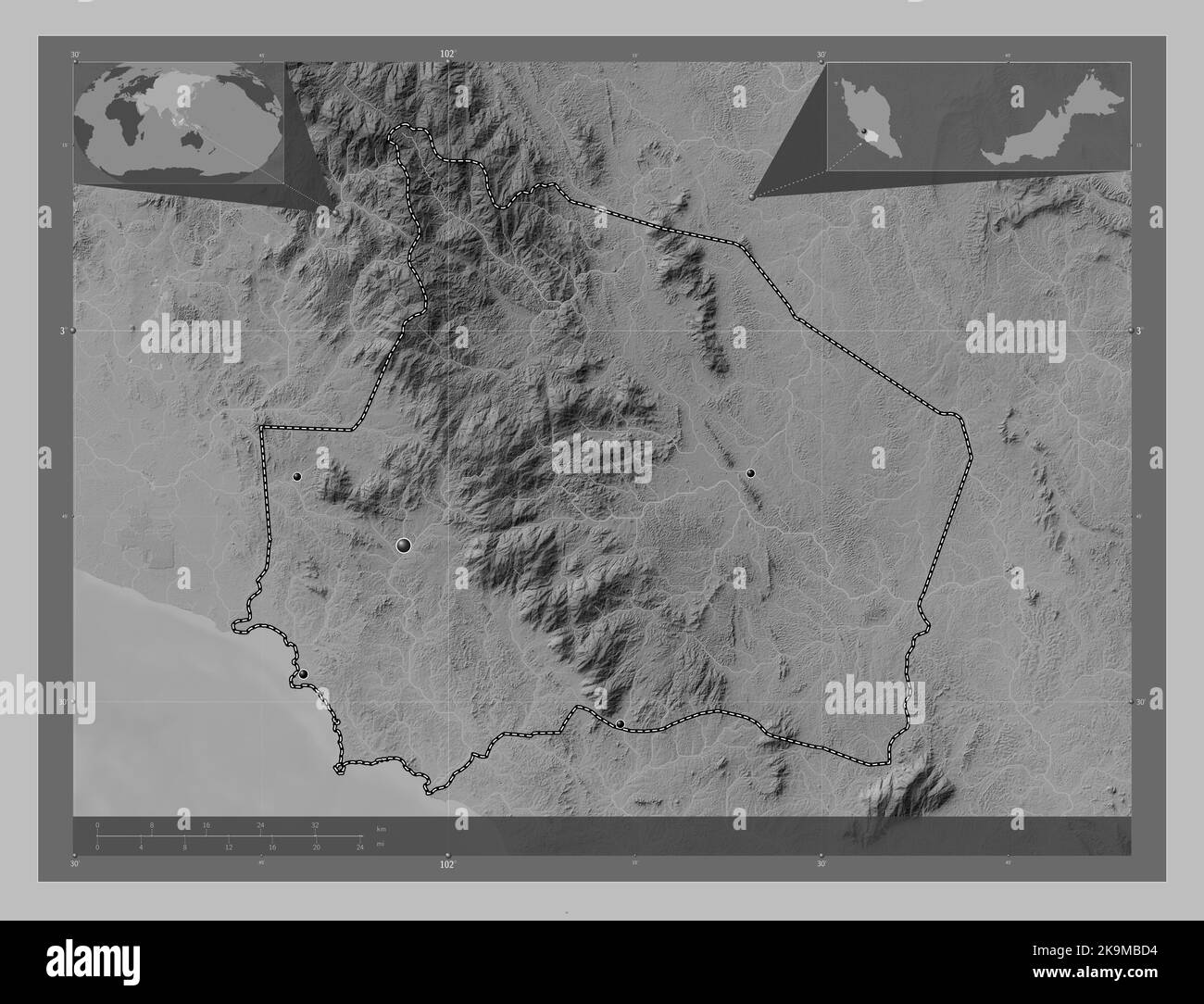Negeri Sembilan, state of Malaysia. Grayscale elevation map with lakes ...
