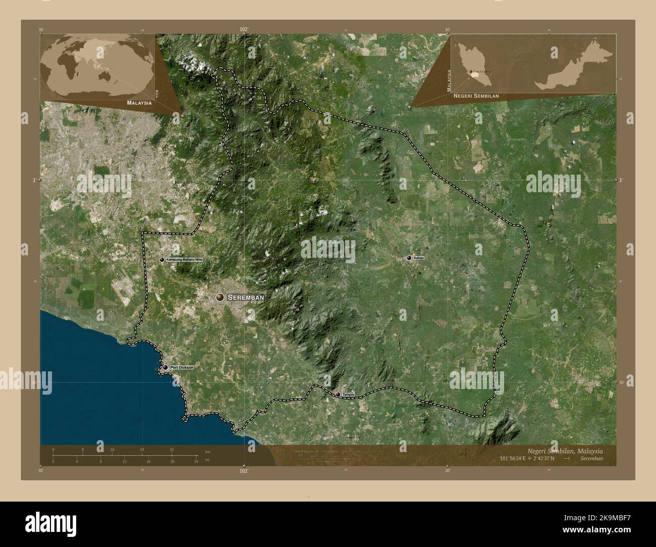 Negeri Sembilan, state of Malaysia. Low resolution satellite map ...