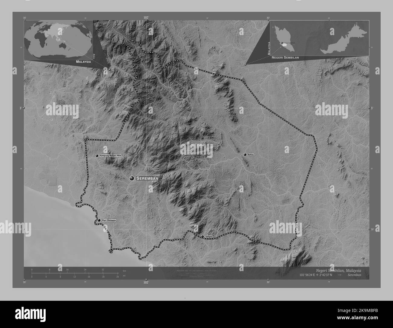 Negeri Sembilan, state of Malaysia. Grayscale elevation map with lakes ...