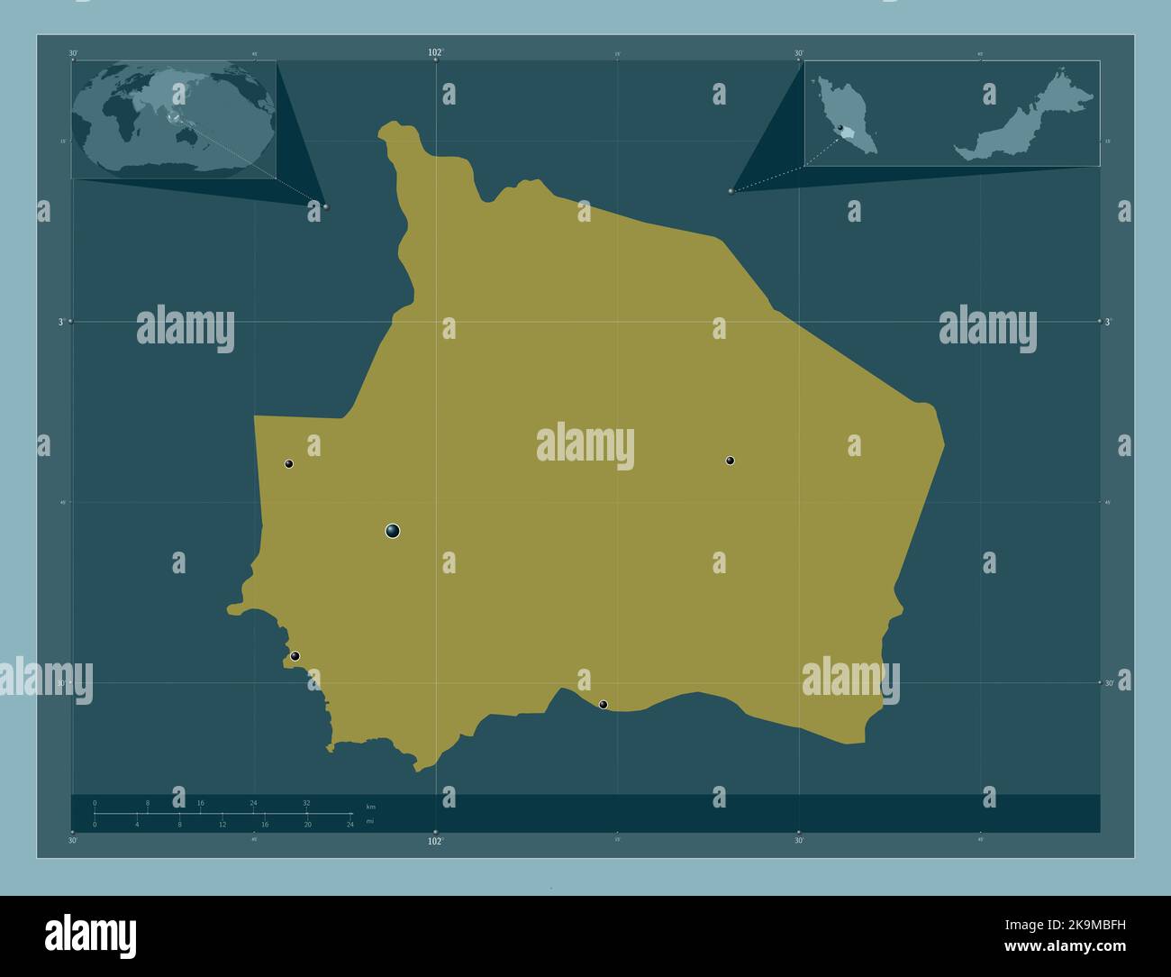 Negeri Sembilan, state of Malaysia. Solid color shape. Locations of ...