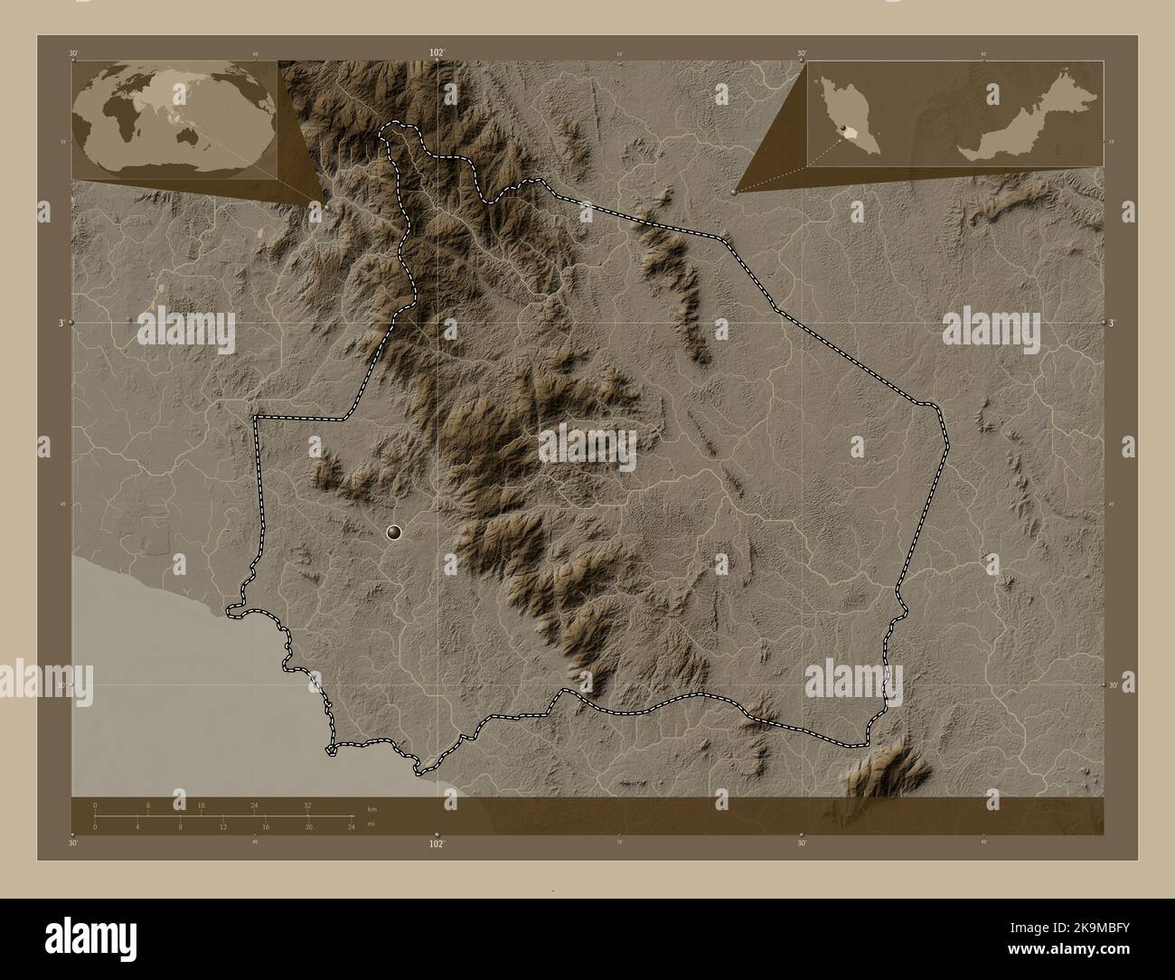 Negeri Sembilan, state of Malaysia. Elevation map colored in sepia ...